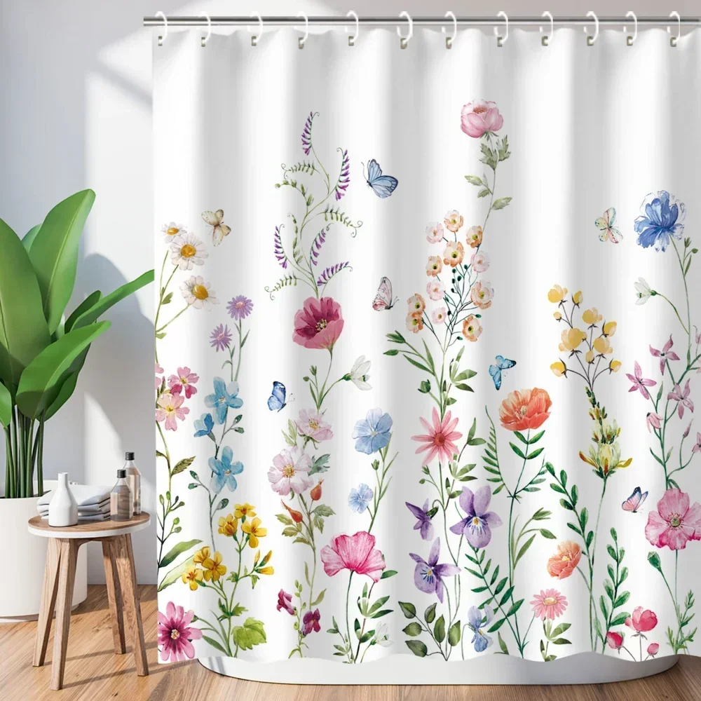Floral Shower Curtains for Bathroom Flower Watercolor Plant Leaves ...