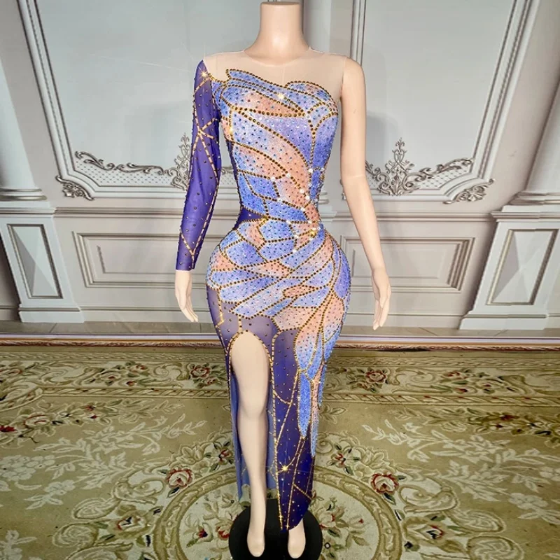 Ladies-One-Shoulder-Bodycon-Slit-Ankle-Length-Dress-Sexy-See-Through ...
