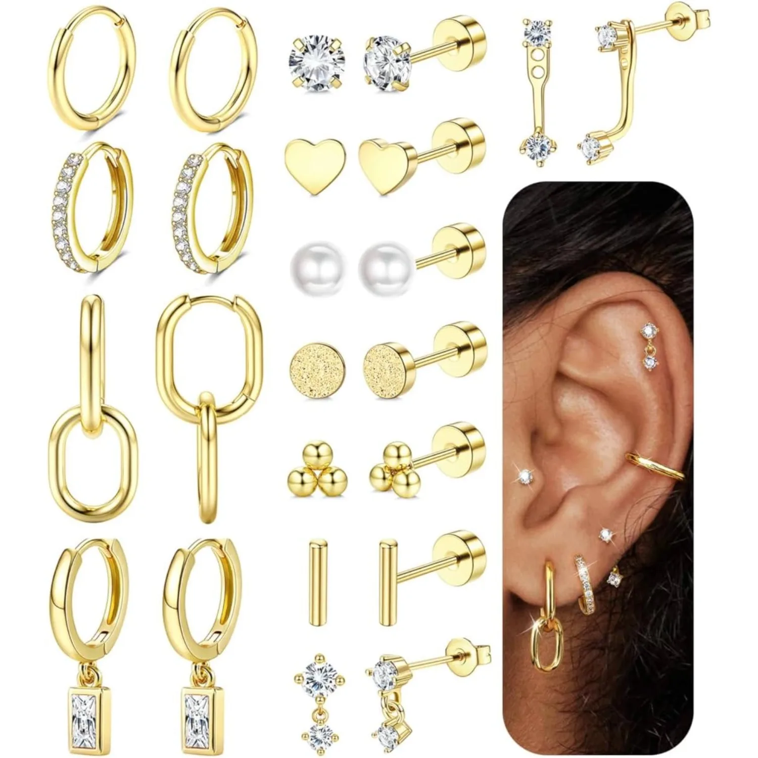 Florideco 12 Pairs Flat Back Earrings for Women Men-Stainless Steel ...
