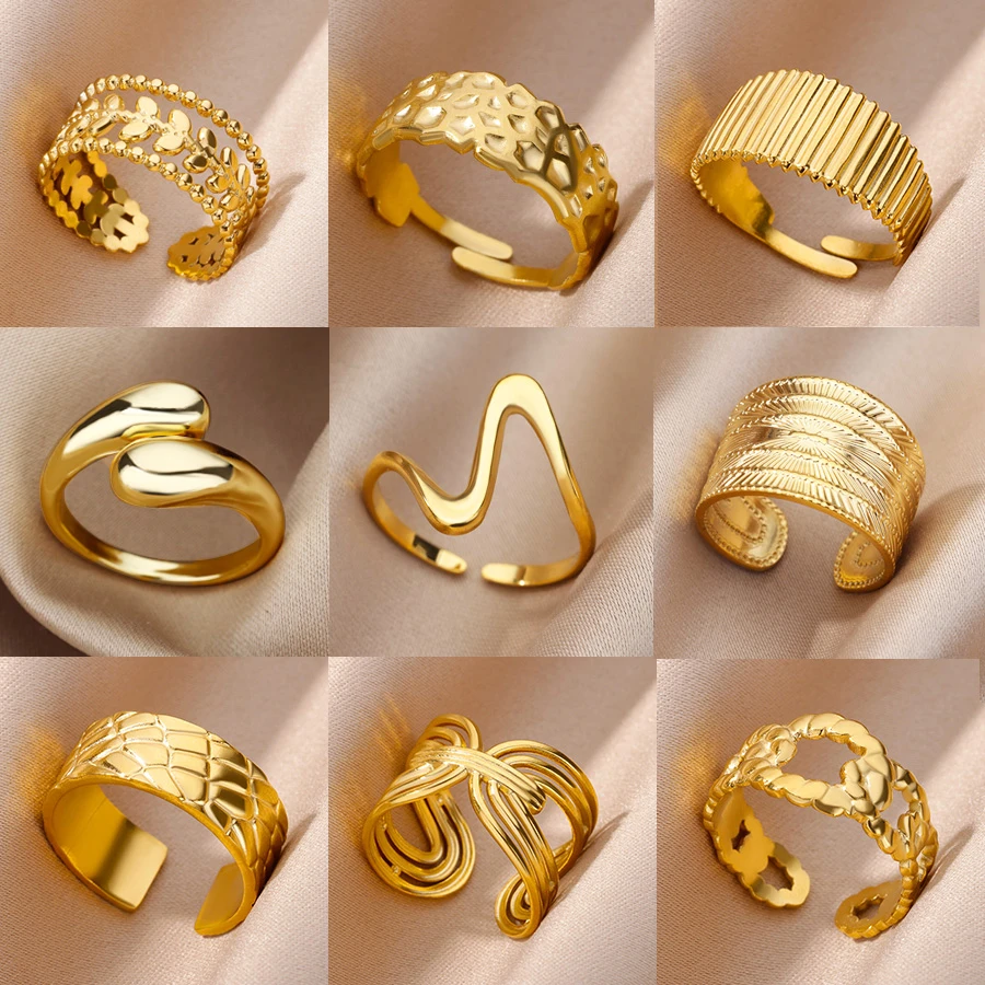 Anillos abiertos geométricos ahuecados de acero inoxidable para mujeres ...