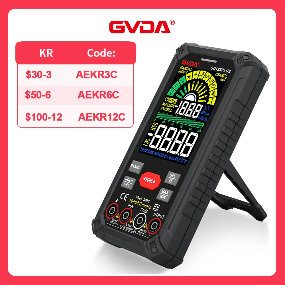GVDA 스마트 디지털 멀티미터 9999 카운트, LCD 컬러 디스플레이, DC AC 전압 전류, True RMS 멀티메트로 충전식 멀티테스터