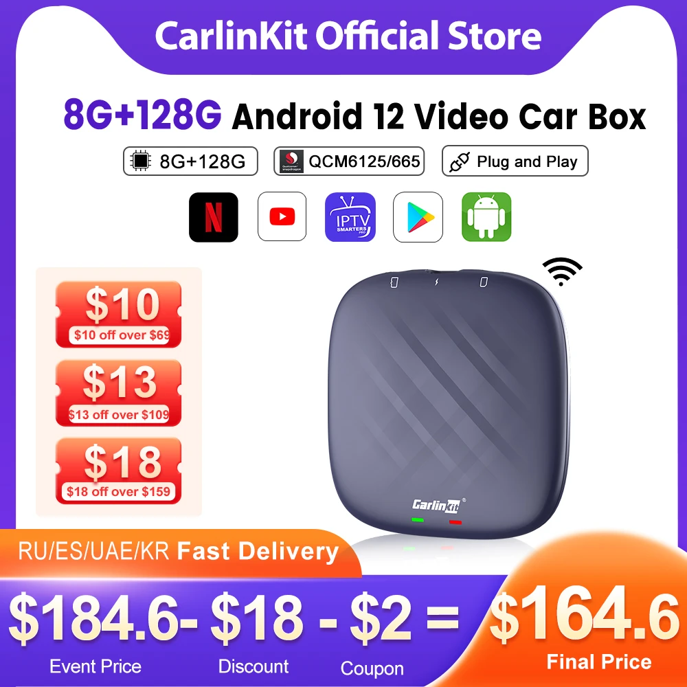 CarlinKit 8 + 128G 카플레이 Ai 박스 플러스 안드로이드 12 넷플릭스 유튜브 무선 안드로이드 자동 및 카플레이, QCM6125 665 폭스바겐 아우디 기아 ...