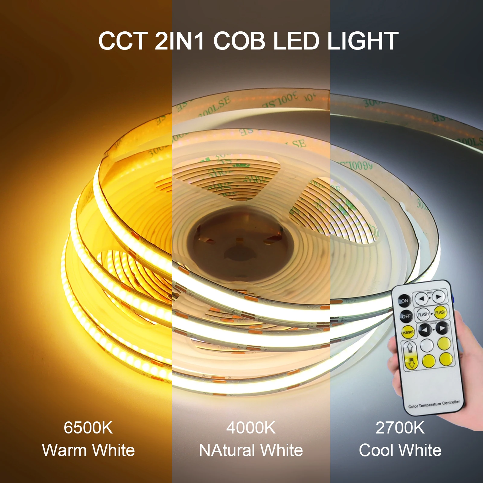 12V-24V-Dimmerable-CCT-COB-LED-Strip-With-Remote-608LEDs-M-IP21-Warm ...