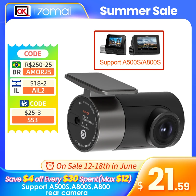 70mai Rear Cam only for 70mai 4K Dash Cam A800, A800S And A500S Pro ...