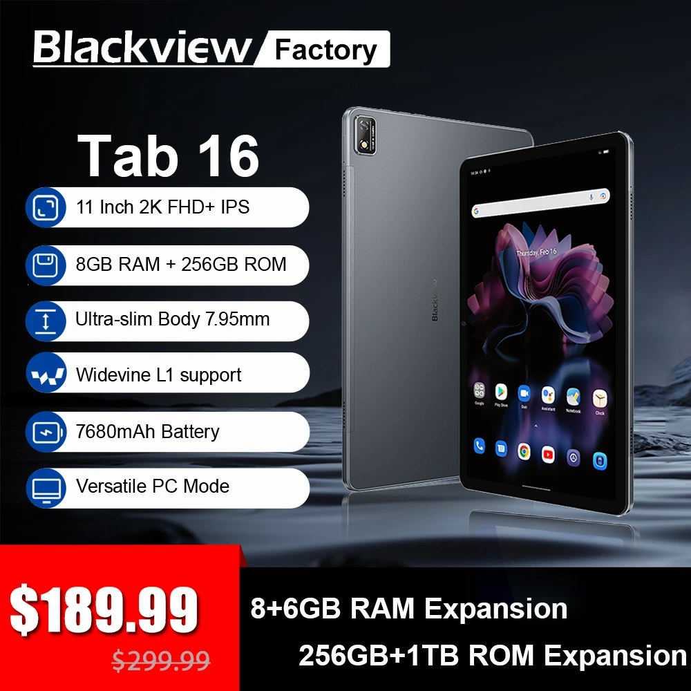 BLACKVIEW Tab 16 Tablet 8GB 256GB 11 Inch 2K FHD+ Display Tablets PC Android 12 Widevine L1 T616 ...