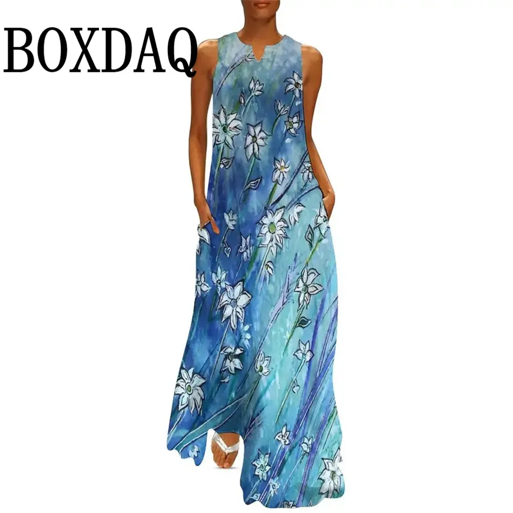 Vintage Print Maxi Dress For Women Summer Loose Sleeveless Long Dresses ...
