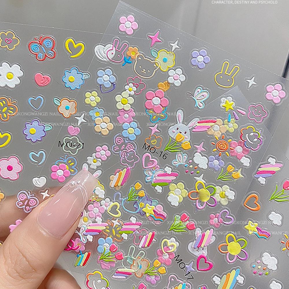 5D-Embossed-Summer-Flowers-Nail-Art-Sticker-Colorful-Flowers-Rabbit ...