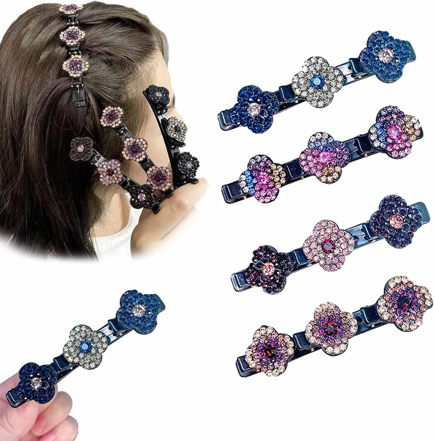 4pcs Sparkling Crystal Stone Braided Hair Clips Satin Fabric Hair Bands ...