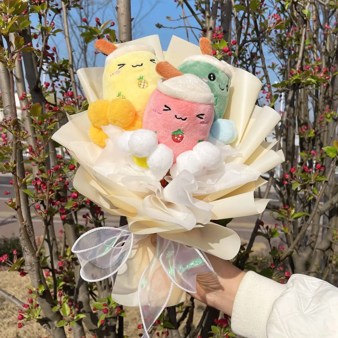 Real life bubble tea plush toy Flower bouquets stuffed food milk tea ...