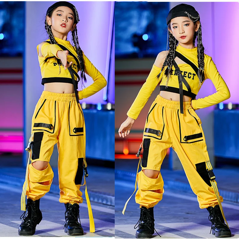 Girls-Hip-Hop-Dance-Costumes-Children-Yellow-Outfits-Jazz-Street-Dance ...