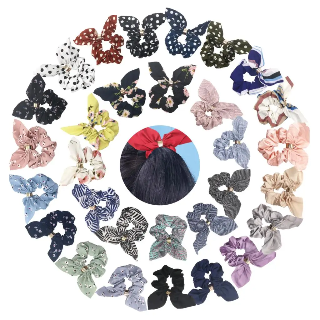 Scrunchie New Women Elegant Vintage Print Dot Bow Knot Elastic Hair ...
