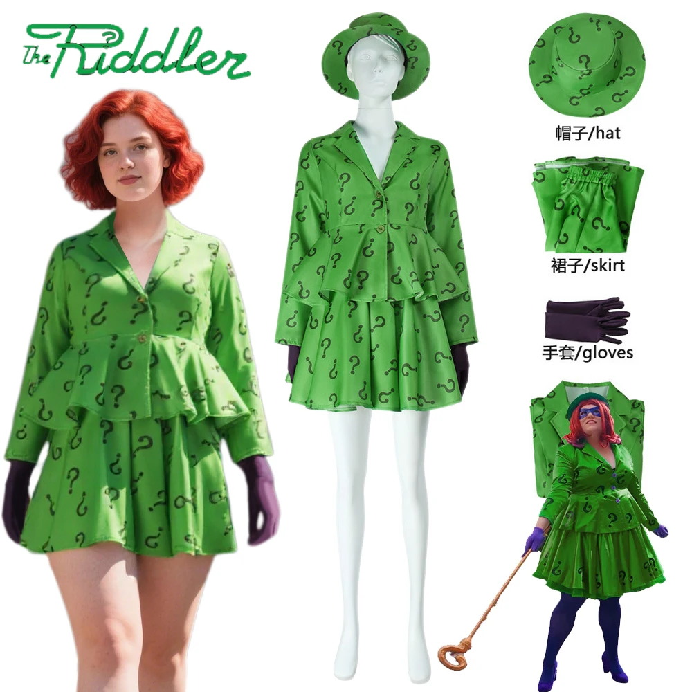 Women Riddler Cosplay Costume Green Dress Top Skirt Hat Gloves Anime ...
