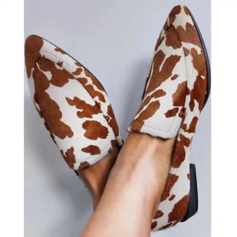 Low Heel Loafers Pointed Toe Cow Print Casual Shoes Size 34-43 Shallow ...
