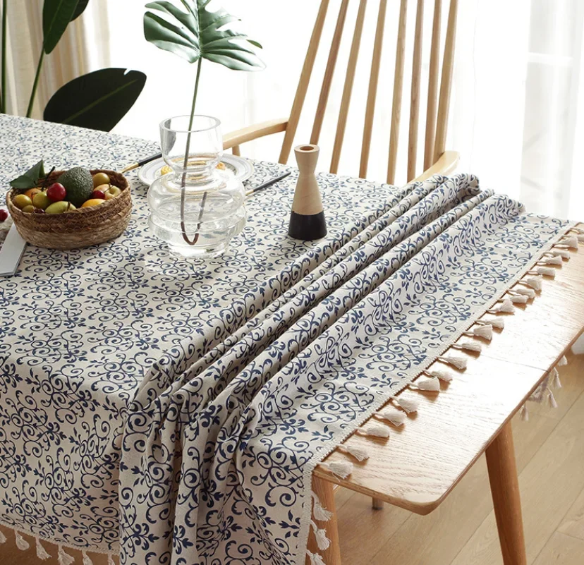 Blue-and-White-Porcelain-Pattern-Cotton-Linen-Fabric-Stitching-Tassel ...