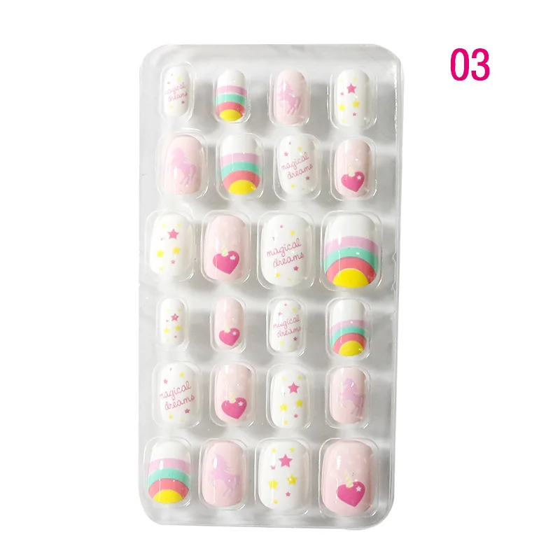 24PCS-Set-Candy-False-Nail-Tips-Children-Cartoon-Full-Cover-Kid-Glue ...