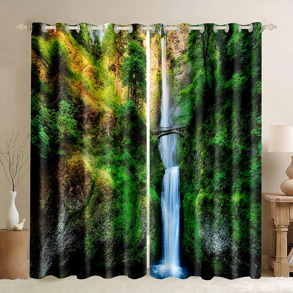 Waterfall-Blackout-Curtains-3D-Nature-Scenery-Forest-Tree-Print-Window ...