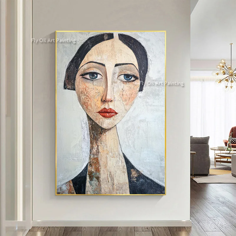 Beige Abtract Portrait Face Art Oil Painting Hand Drawn White Beige ...
