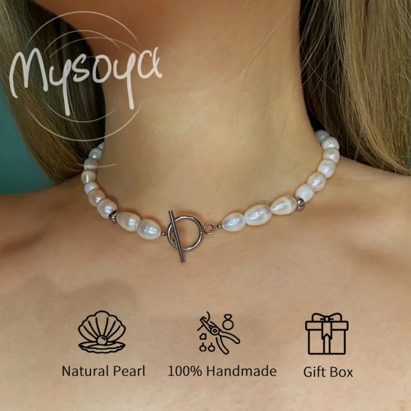 MYSOYA White Rice-shaped Freshwater Pearl Necklace 7-8mm With Gift Box ...