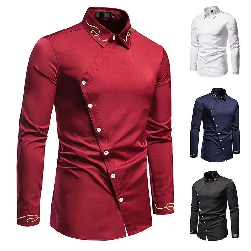 Camisa-bordada-informal-para-hombre-Blusa-de-manga-larga-ajustada-de-un ...