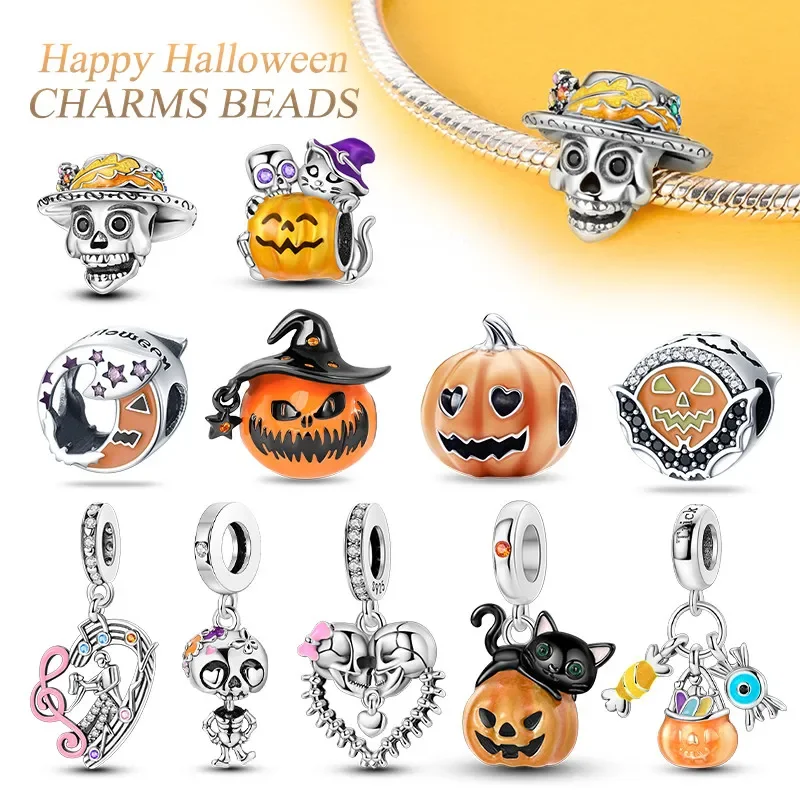 S925-Sterling-Silver-Halloween-Charms-Pumpkin-Human-Skeleton-Beads-Fit ...