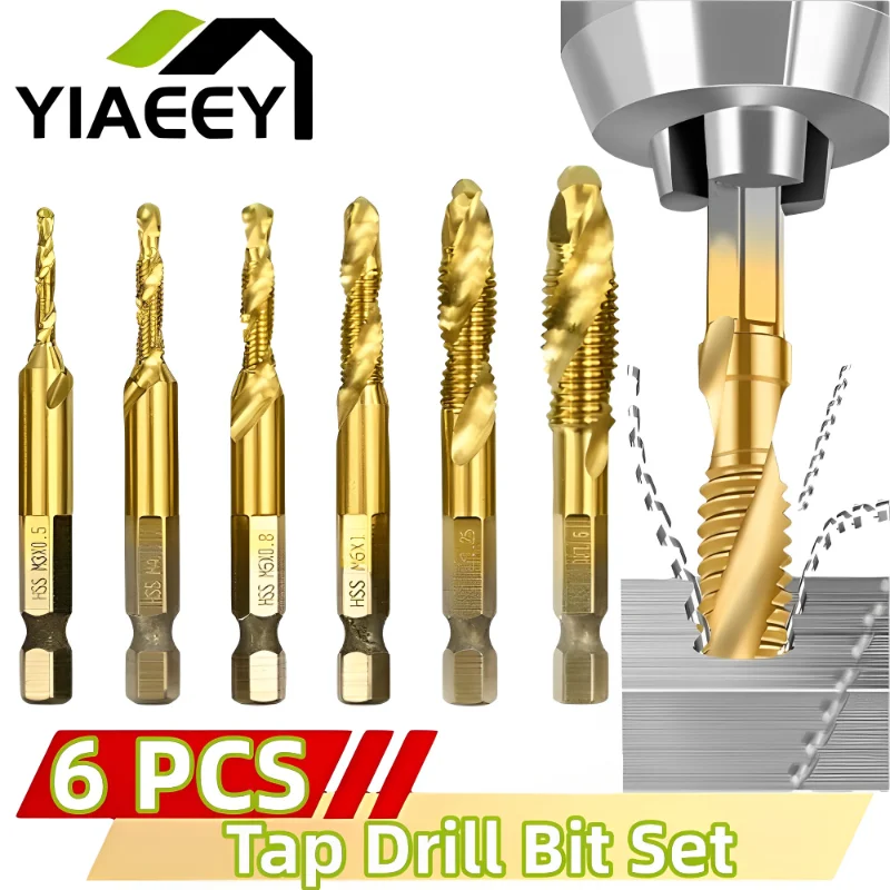 1-6Pcs-Tap-Drill-Bit-Set-Hex-Shank-Titanium-Plated-HSS-Screw-Thread-Bit ...