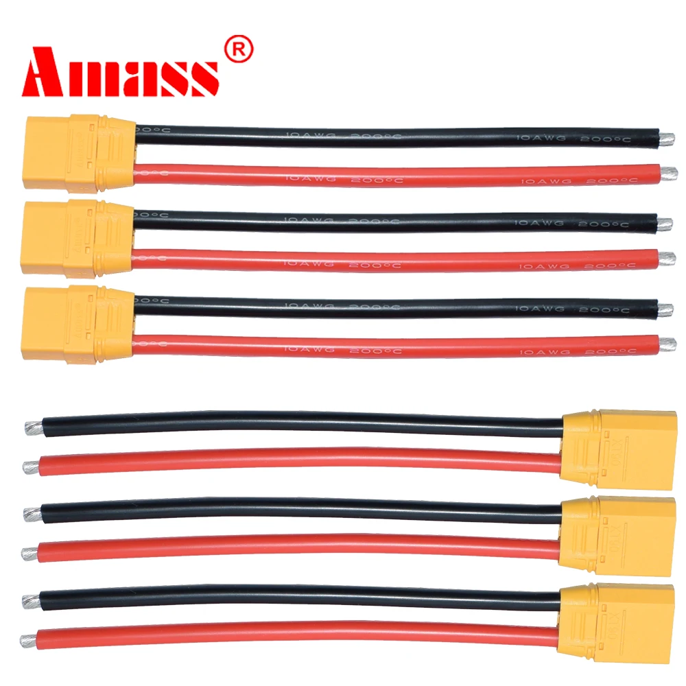 Amass XT90H XT90 와이어 XT 90 플러그 암수 커넥터, 180mm 10AWG 실리콘 와이어, RC Lipo 배터리 FPV 레이싱 드론용, 3 개