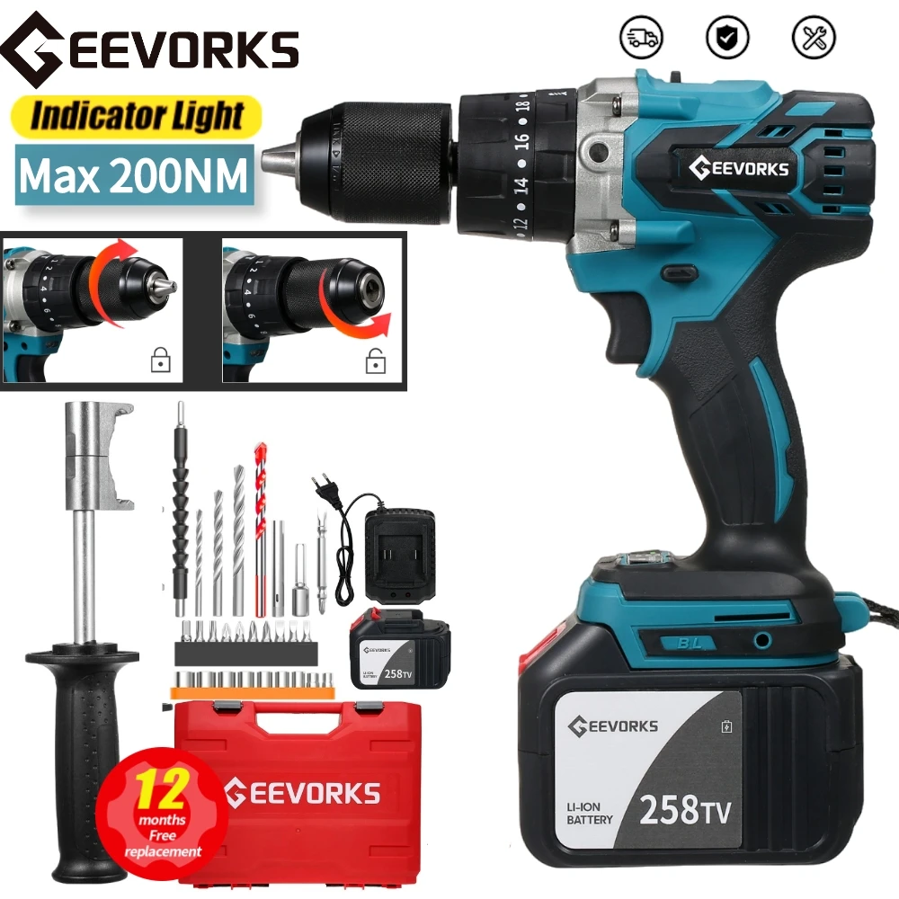 Geevorks-21V-Brushless-Electric-Impact-Hammer-Drill-6000mAh-Battery ...