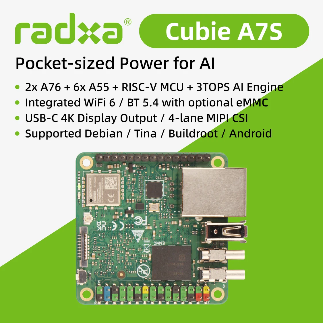 Radxa Cubie A7S,Pocket-sized,Allwinner A733,Octa-core CPU,3 TOPS NPU ...