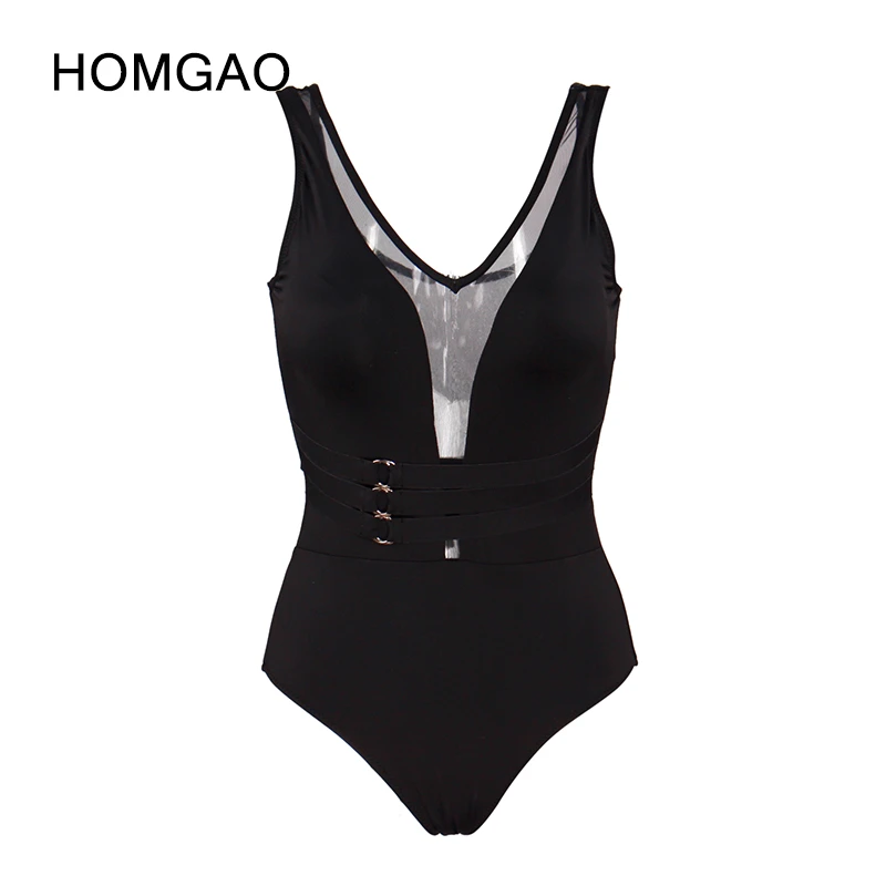 HOMGAO Sexy Mesh Solid One Piece Swimwear V Neck Bikini Women's ...