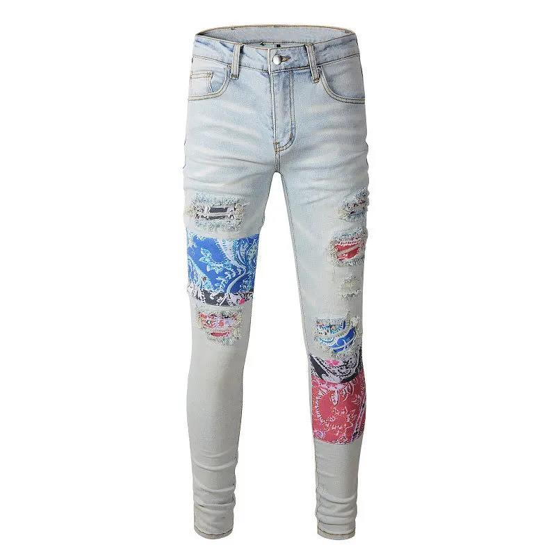 Retalhos angustiados jeans rasgados para homem costura tecido design ...