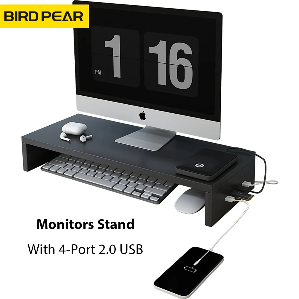PC-Computer-Monitor-Stand-Riser-Laptop-Holder-With-USB-HUB-Wooden-Desktop-Organizer-Shelf-Easy ...