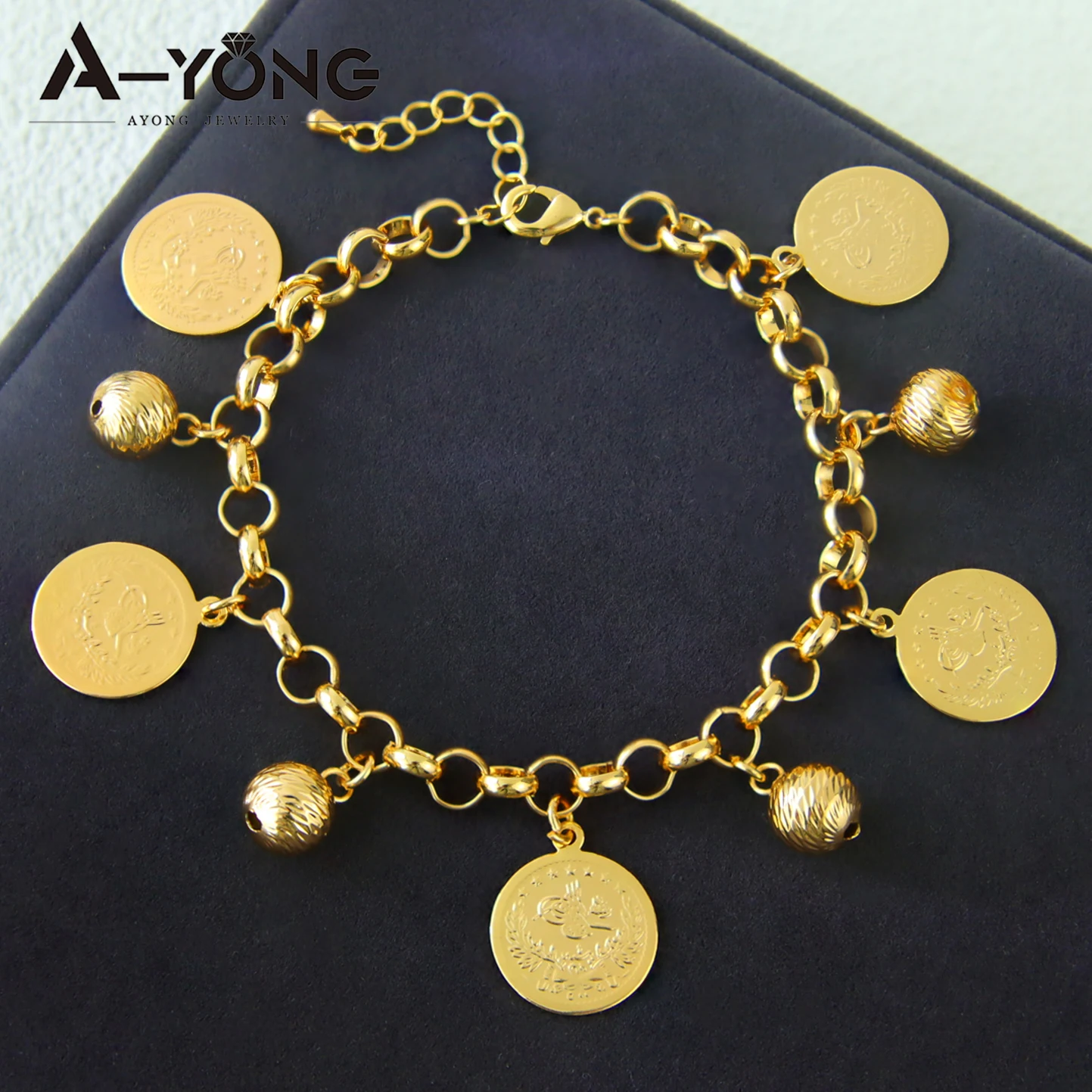 Saudi Muslim Gold Color Coins Bracelet 21k Gold Plated Elegant Balls ...
