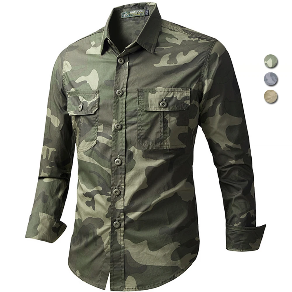 Tactical Camouflage Cargo Shirts Men Military 100% Cotton Long Sleeve ...