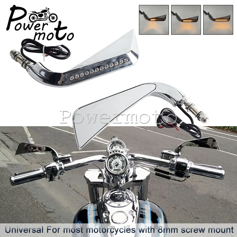 Motorcycle LED Lights 8mm Sickle Rearview Side Mirrors For Harley ...