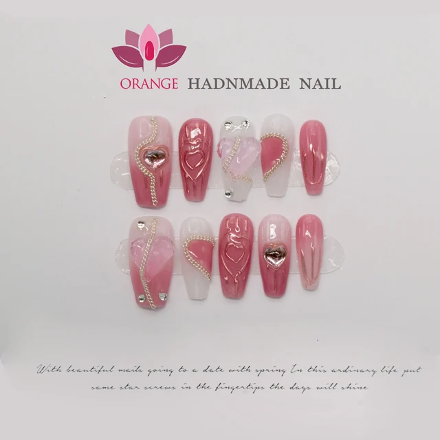 Pink Handmade Nails Press on Full Cover Professional Nails Manicuree Heart False Nails Japanese ...