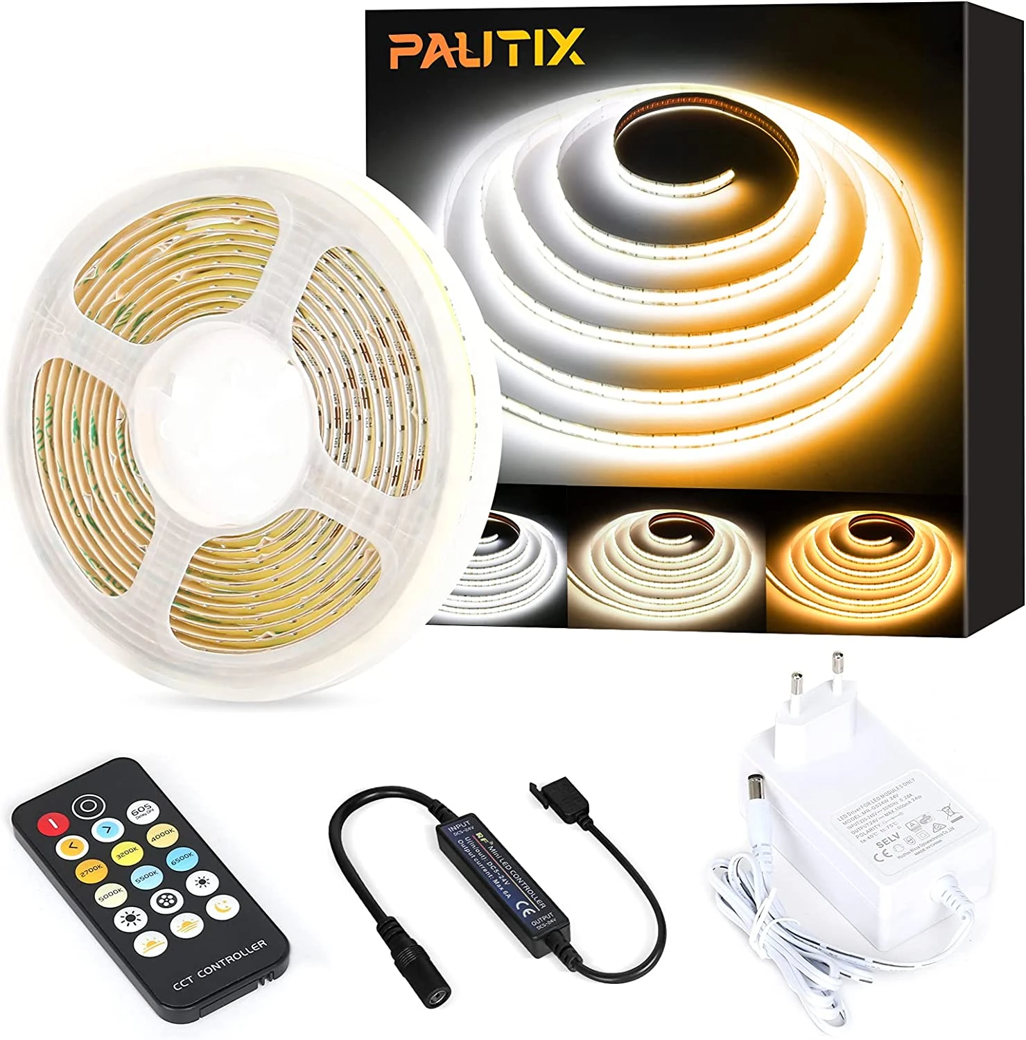 PAUTIX COB CCT Led Light Strip Kit DC 24V Dimmable 2700K 6500K 640LEDs ...