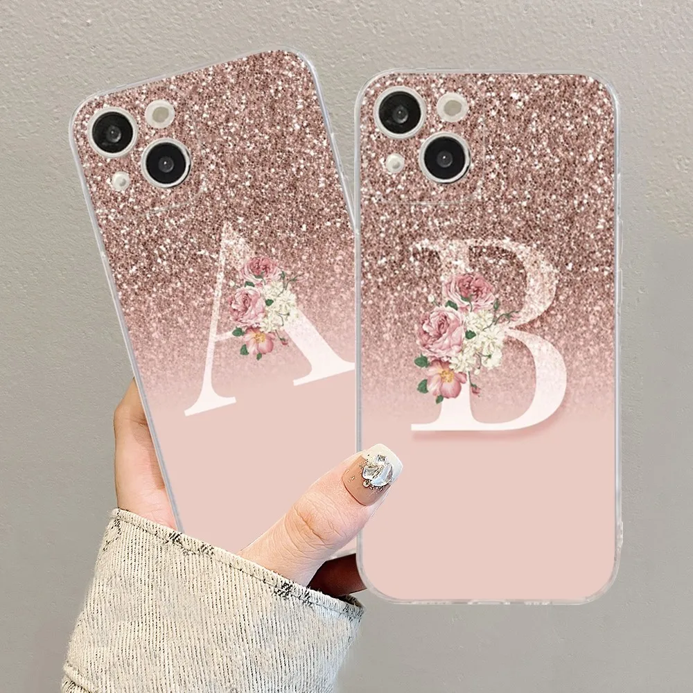 Letter Pink Shiny M R Clear Phone Case For IPhone 15 14 13 12 Mini 11 ...