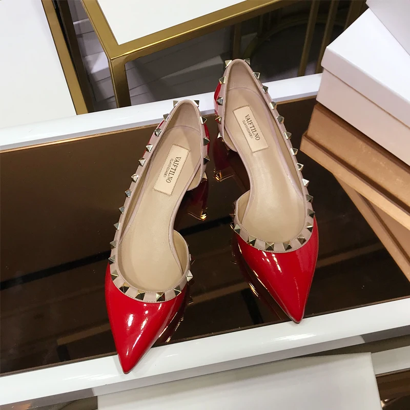 Riveted-pointed-shoes-thick-heeled-single-shoes-side-hollow-single ...