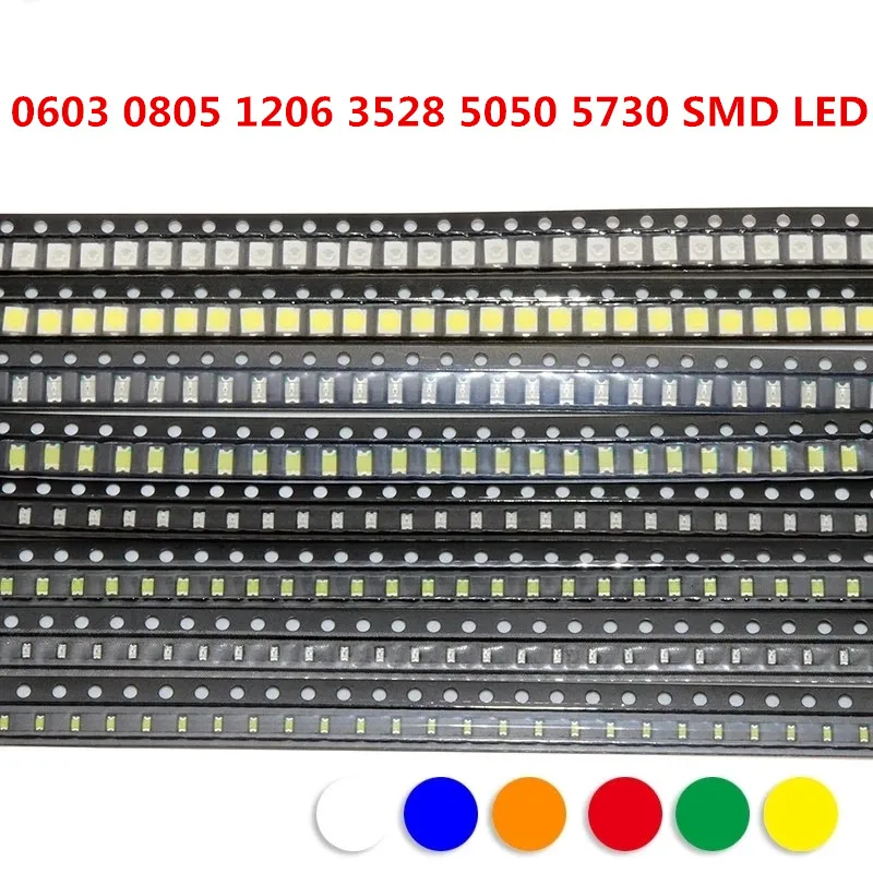 Diode électroluminescente SMD LED, rouge, jaune, vert, blanc, bleu, orange, 0603, 0805, 1206 ...