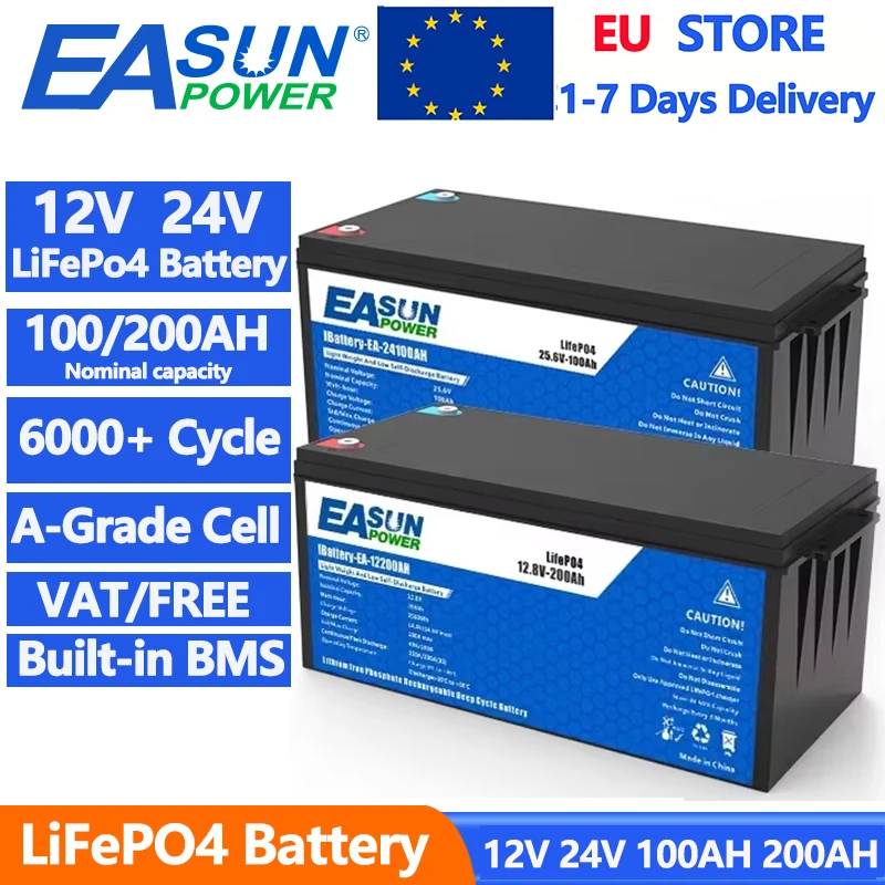 EASUN 12V 24V LiFePo4 Battery 100AH 200AH - 6000+ Deep Cycle BMS ...