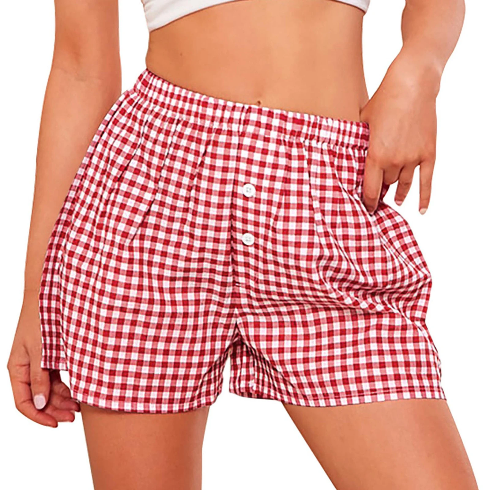Imcute Women's Summer Casual Plaid Shorts Elastic Waistband High Waist ...