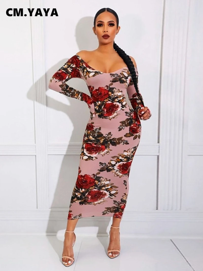 CM.YAYA Floral Print Off Shoulder Long Sleeve Bodycon Midi Maxi Dress ...