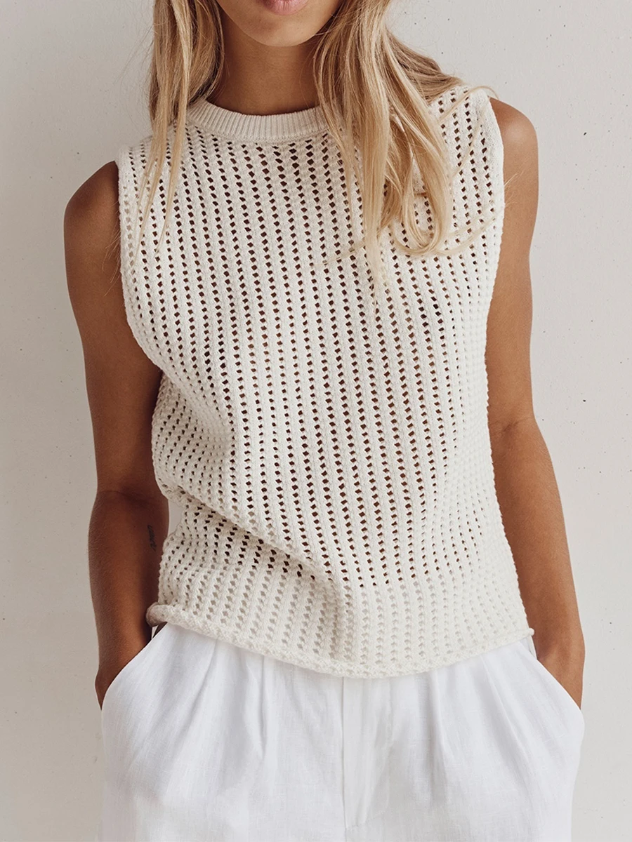 Knitwear Sweater Vests Women Fall Clothes Solid Hollow Out Basic ...