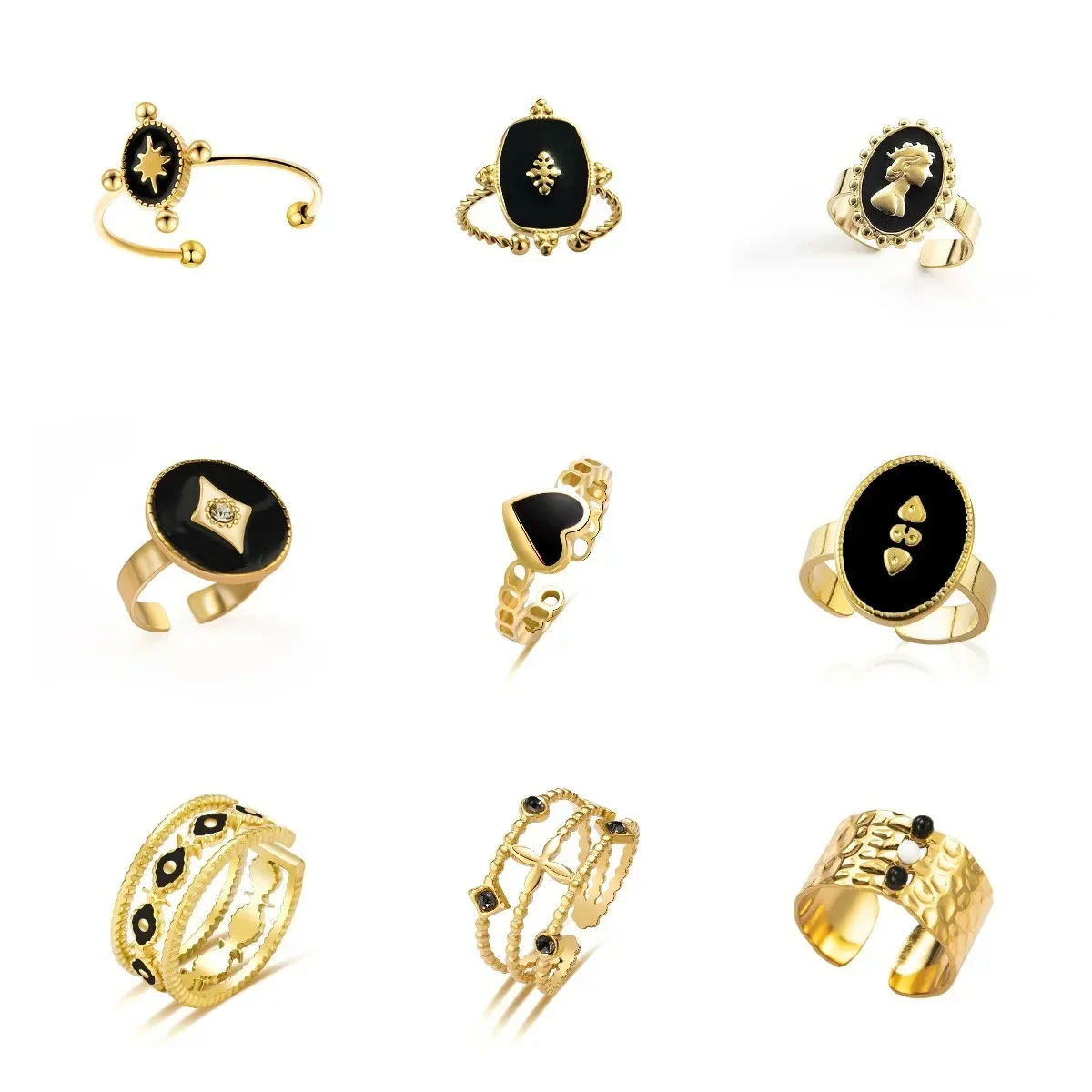 New-Stainless-Steel-Gold-Color-Plating-Enamel-Black-White-Open-Size ...