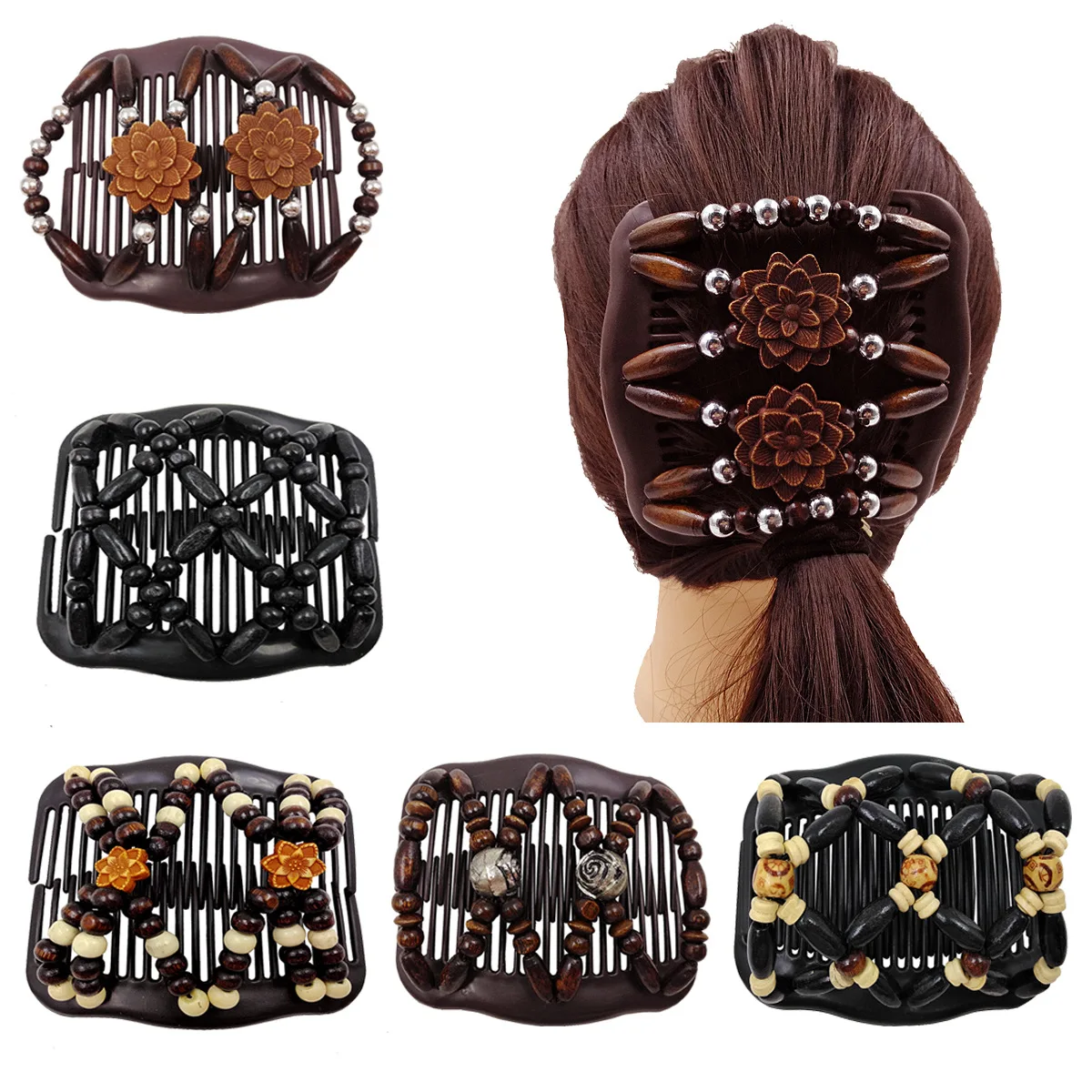 5-Style-Wooden-Bead-Double-Row-Hairs-Insert-Variety-Hair-Comb-Magic ...