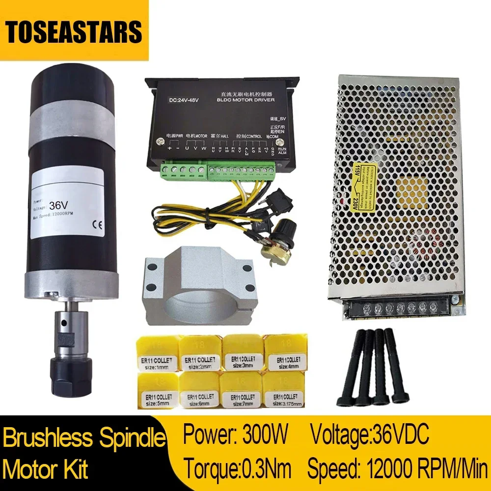 Broche sans balais CNC 300W, Air frais 36V 12000 tr/min avec capteur Hall ER11, pince 52mm ...