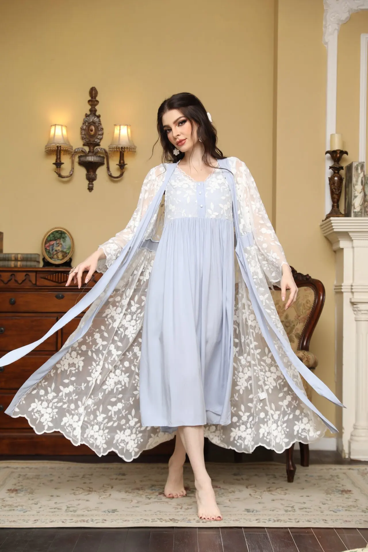 Women Robe Dress Cotton Lace Vintage Pajama Fairy Romantic Princess ...