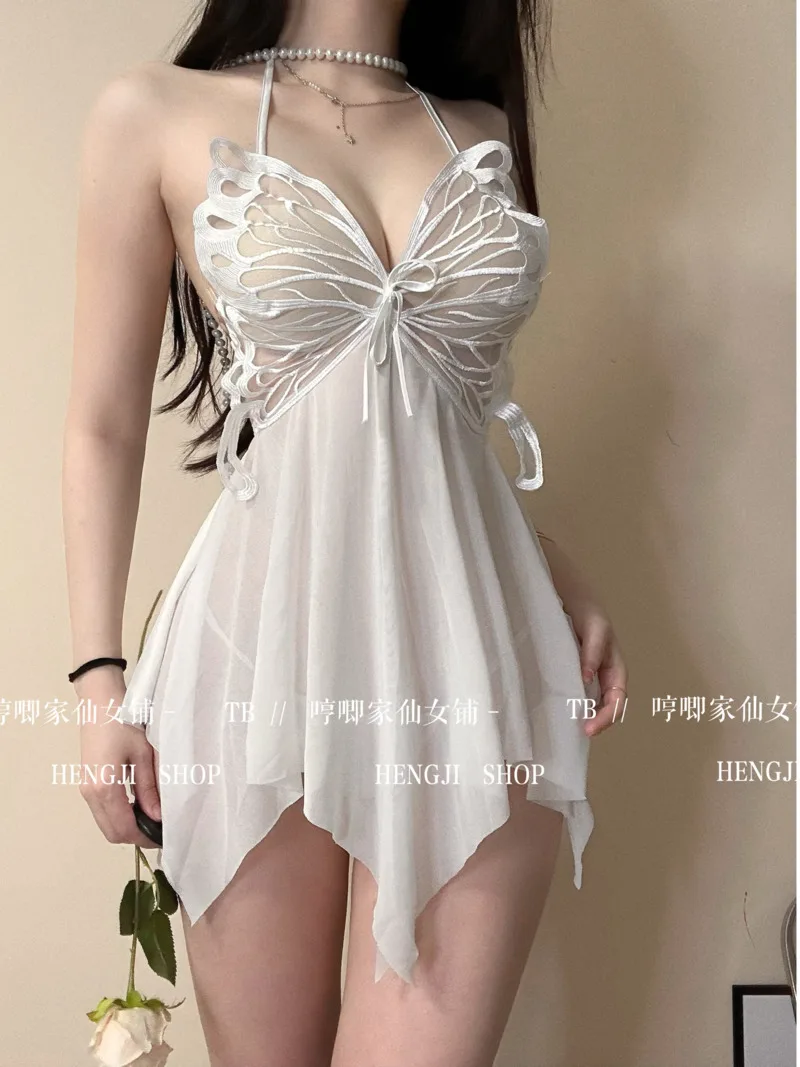 V Neck Butterfly Mini Dress Mesh Lace Transparent Sexy Summer Butterfly Hanging Neck Mesh Split ...