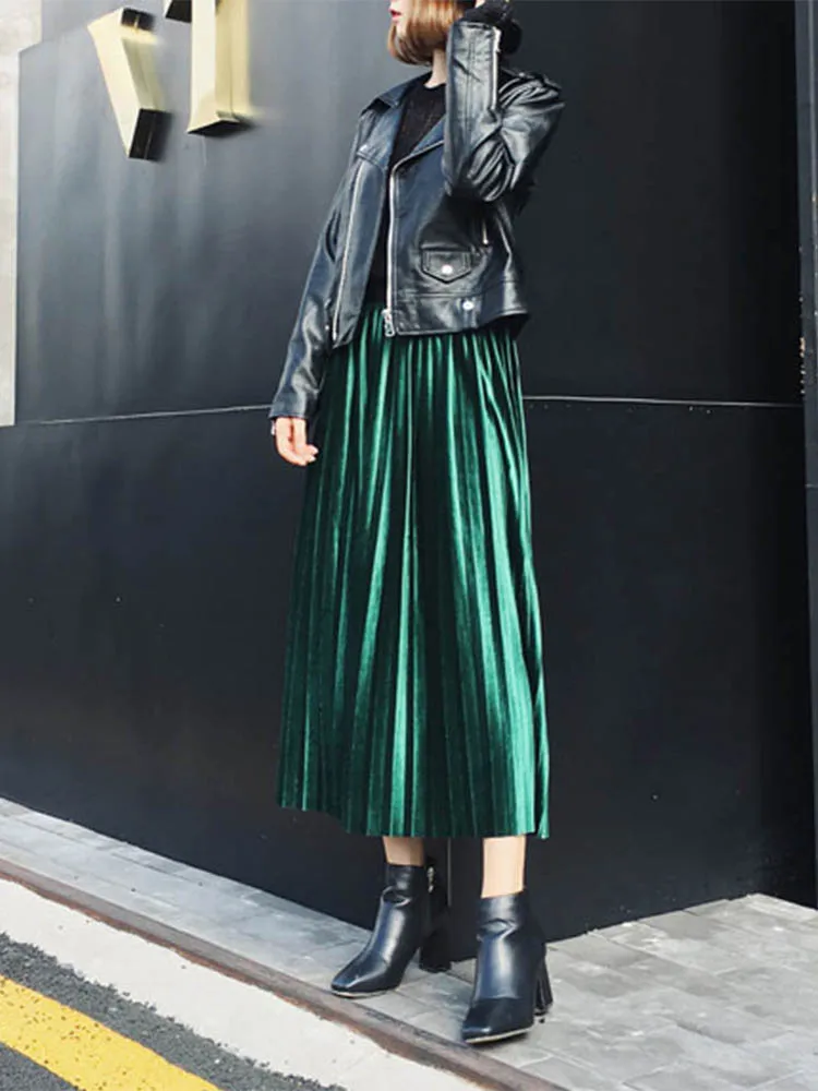 Spring 2020 Women Long Metallic Silver Maxi Pleated Skirt Midi Skirt ...