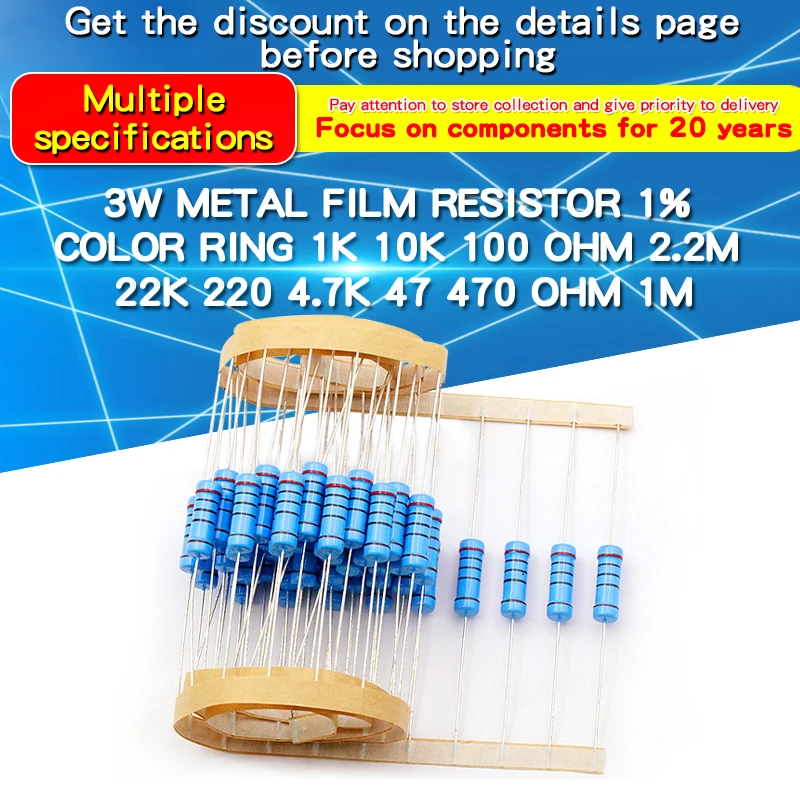 20pcs 3w Metal Film Resistor 1% 1ω - 1mω 10 47 100 120 150 220 300 330 ...